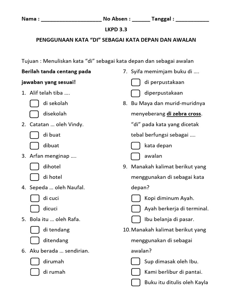 Penggunaan "Di" sebagai Kata Depan dan Awalan | PDF | Seni & Disiplin Bahasa