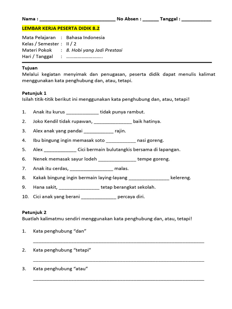 LKPD 8.2 Penggunaan Kata Penghubung Dan, Atau, Tetapi | PDF