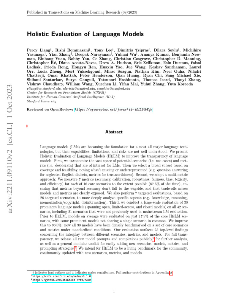 Holistic Evaluation of Language Models | PDF | Evaluation | Accuracy And Precision