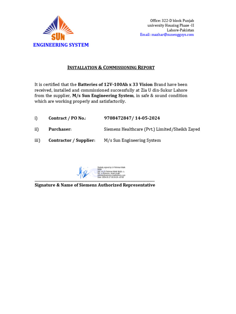 Installation Commissioning Report - SZH | PDF