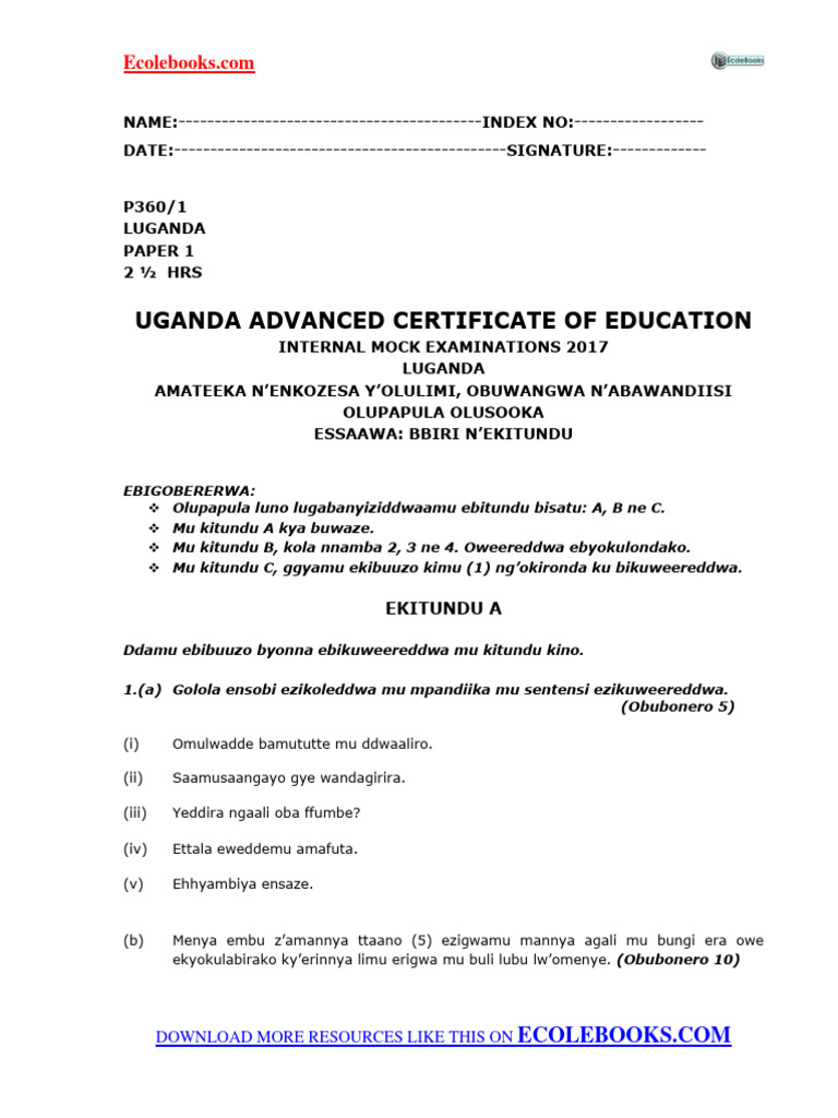 UACE Luganda Paper 1 Mock Exam 2017 | PDF