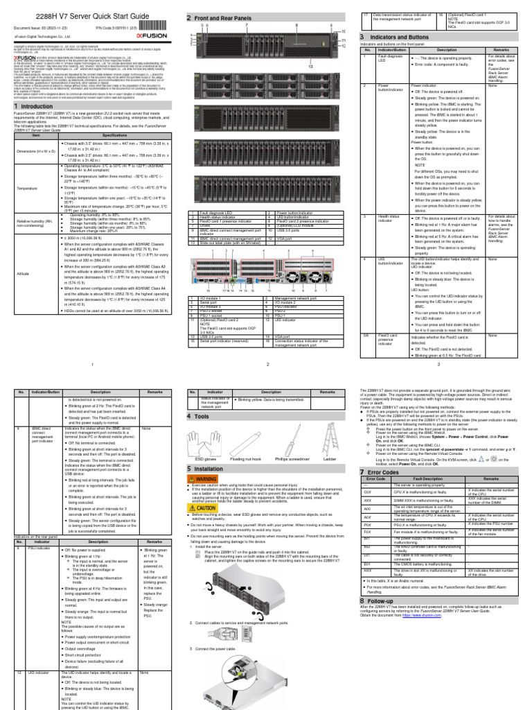 FusionServer 2288H V7 Server Quick Start Guide | PDF | Server (Computing) | Power Supply