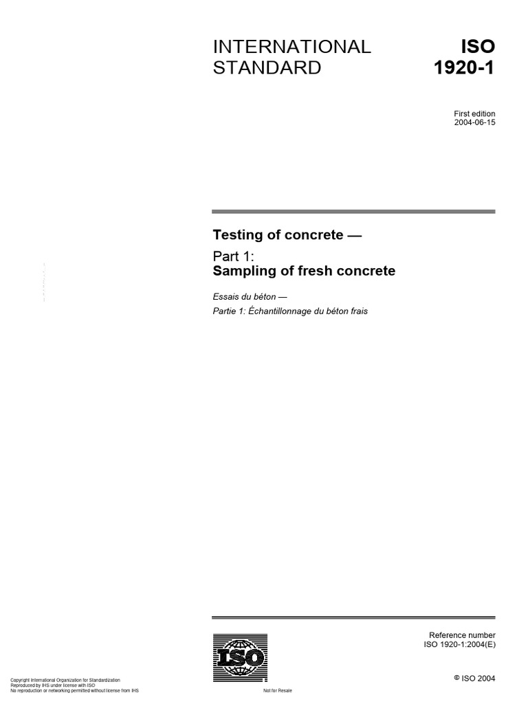 ISO 1920-1-2004 - Sampling of Fresh Concrete | PDF | Concrete ...