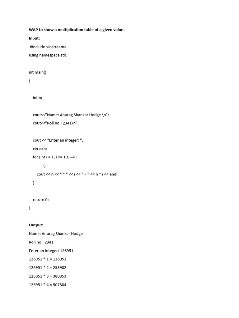 C++ Program for Multiplication Table | PDF | Computers