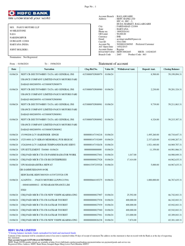 Pasco Motors LLP Account Statement | PDF | Banking | Financial Services