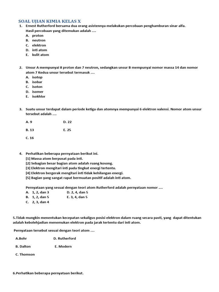 Soal Ujian Kimia Kelas X | PDF | Sains & Matematika