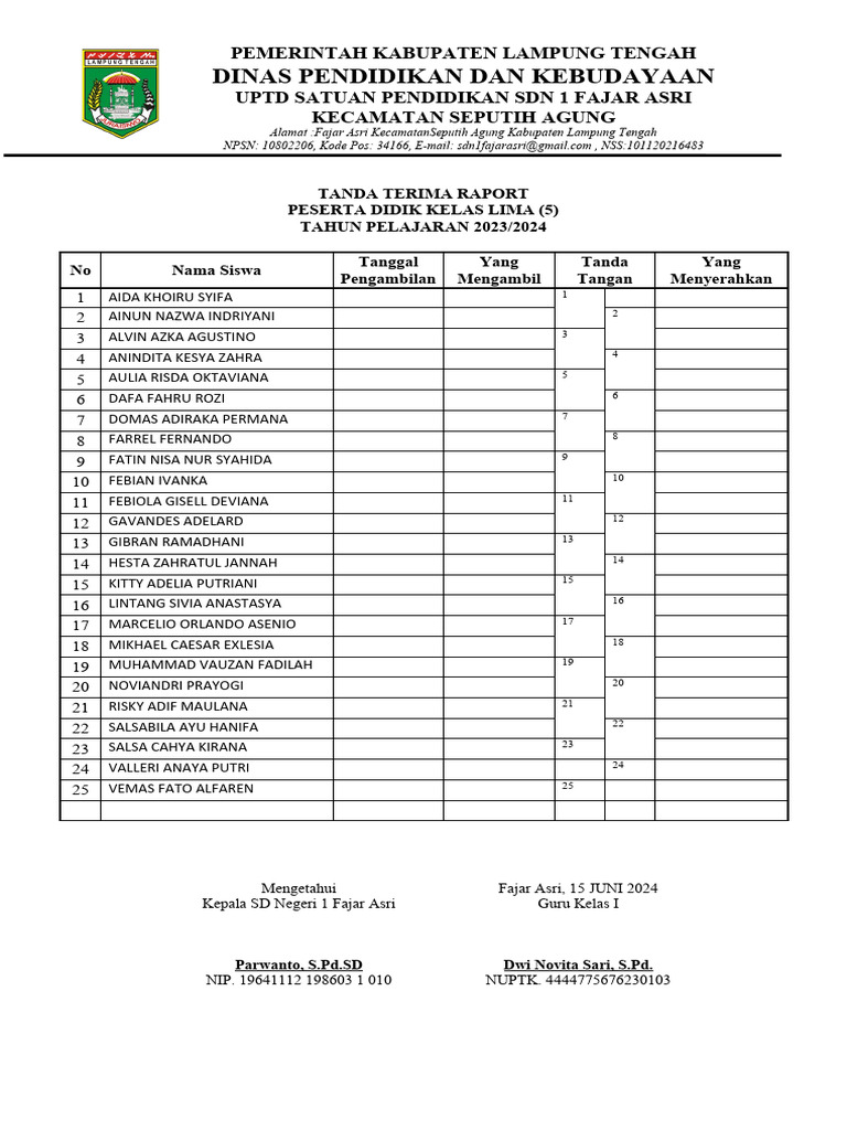 Tanda Terima Raport Semester Ganjil 2023 2024 | PDF