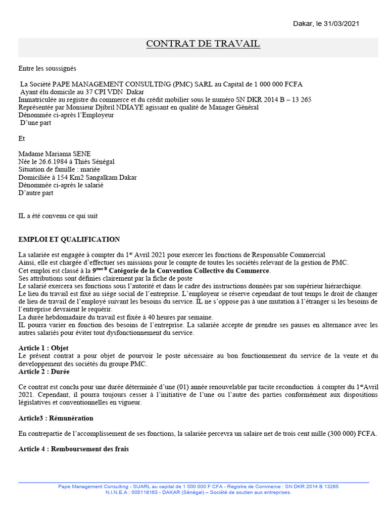 Contrat de travail de Mariama Sene | PDF | Confidentialité | Business