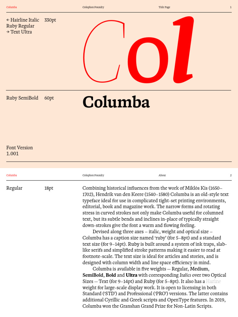 Columba Specimen v1 001 | PDF | Typefaces | Serif