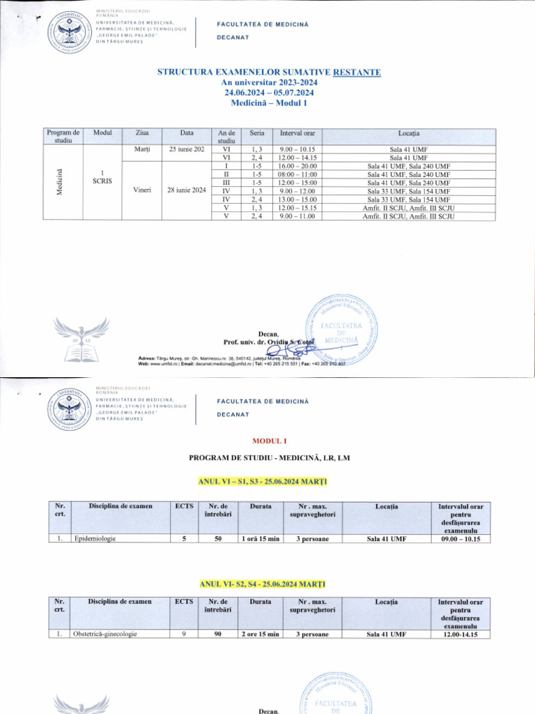 Programare Examene Restante 2023-2024 - Medicin - Modul 1 | PDF