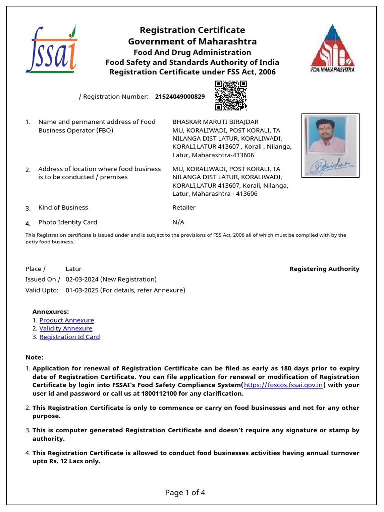Bhaskar Food License | PDF | Foods
