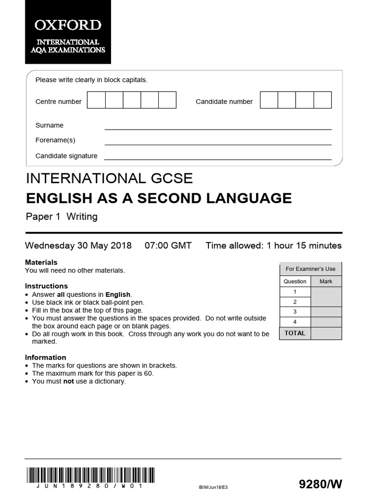 9280.IGCSE ESL Writing Test (June 2018) | PDF