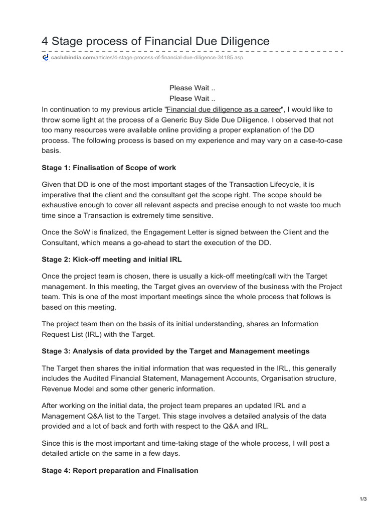 4 Stage Process of Financial Due Diligence | PDF | Due Diligence | Consultant