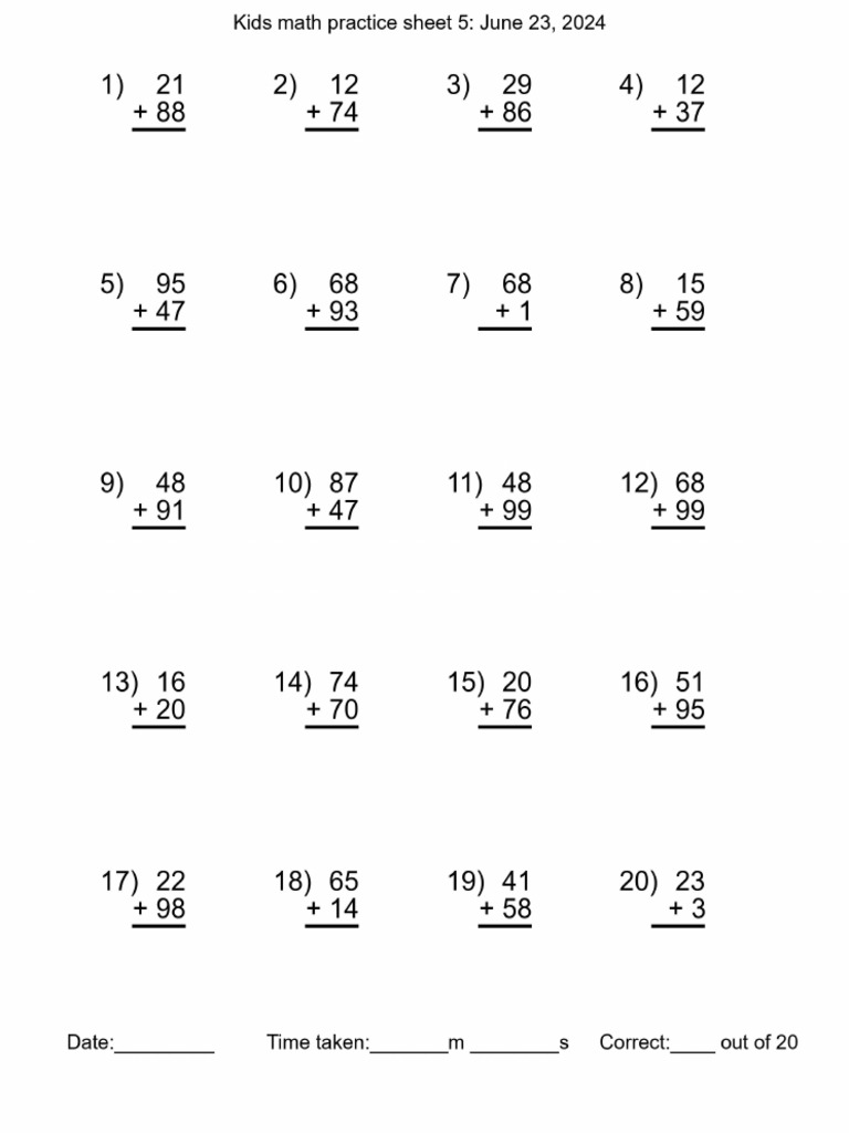 Kids Math Practice Sheet 5 June 23, 2024 | PDF