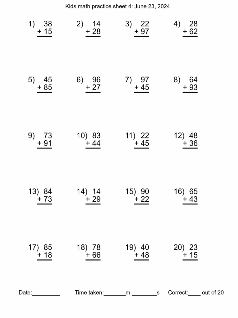 Kids Math Practice Sheet 4 June 23, 2024 | PDF