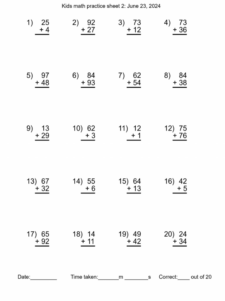 Kids Math Practice Sheet 2 June 23, 2024 | PDF