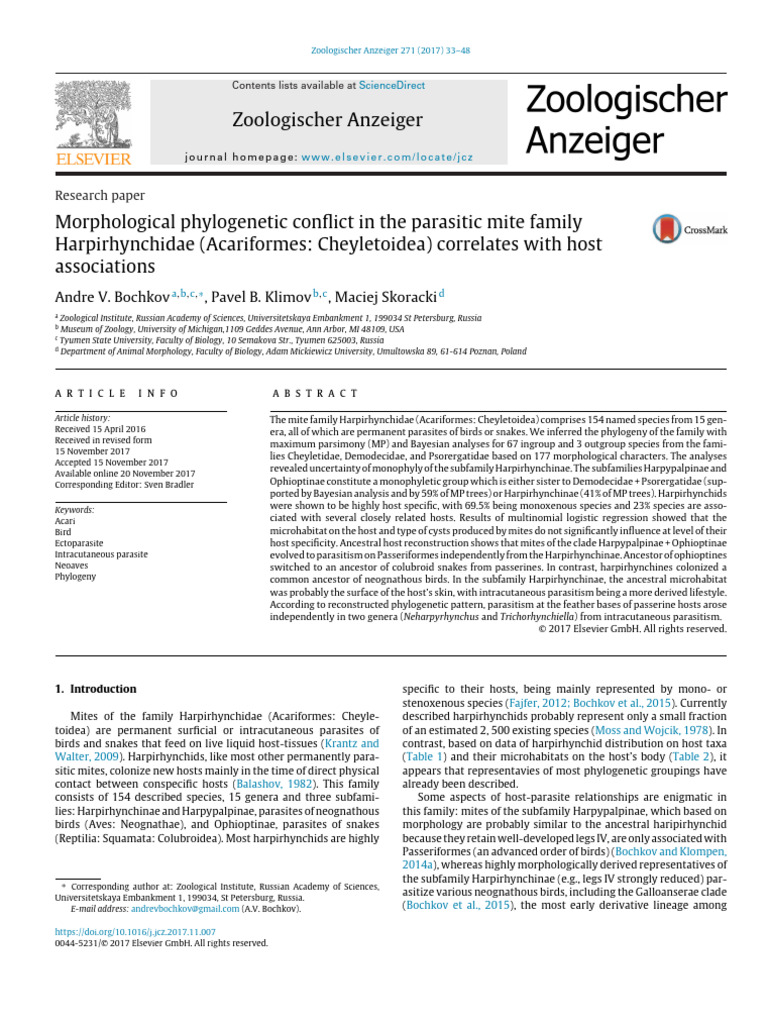 Morphological Phylogenetic Conflict in The Parasitic Mite Family ...
