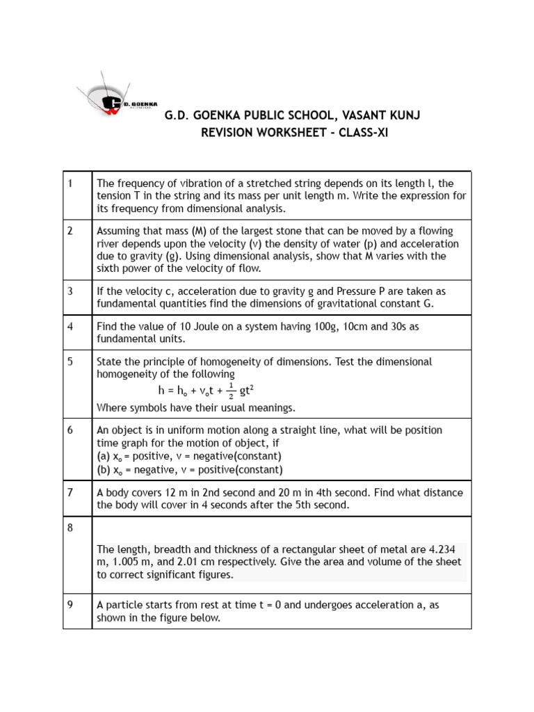 Class 11 Revision Worksheet Mid Term | PDF | Acceleration | Velocity