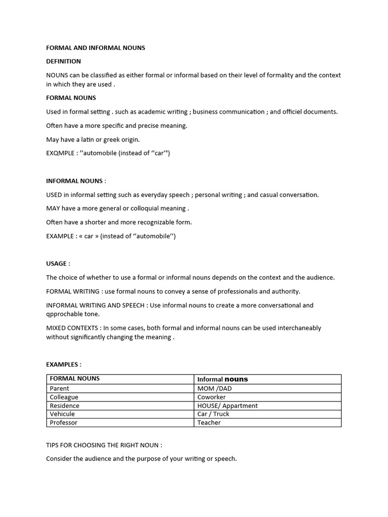 Formal vs Informal Nouns Explained | PDF | Language Arts & Discipline