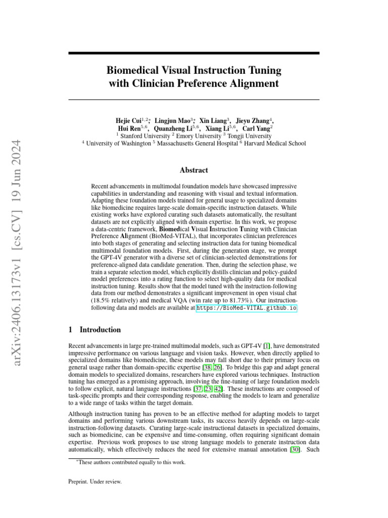 Biomedical Visual Instruction Tuning with Clinician Preference Alignment | PDF | Information ...