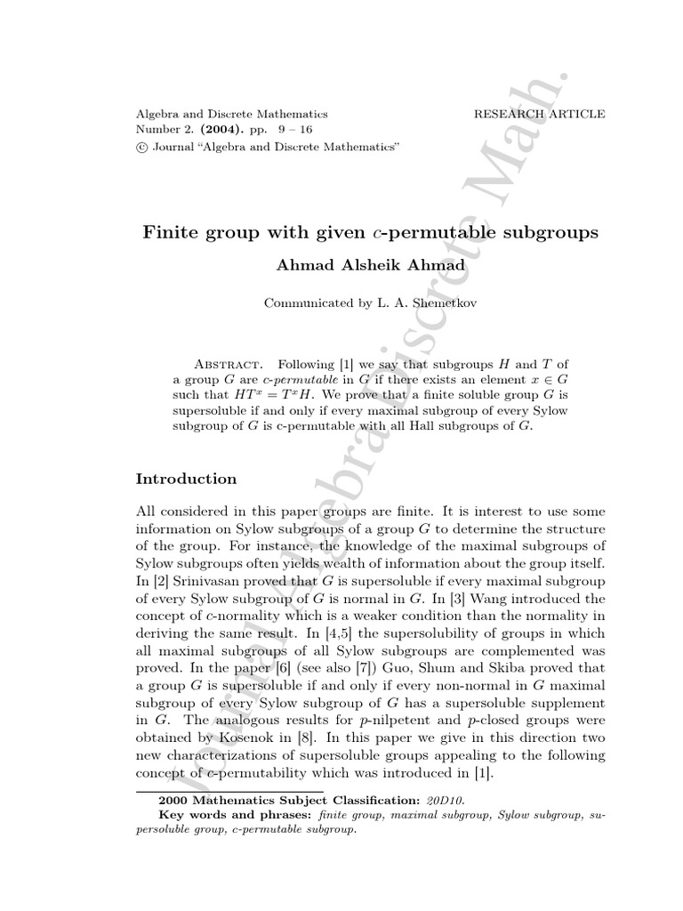 Finite Group With Given C-Permutable Subgroups, Ahmad Alsheik Ahmad | PDF | Algebra | Algebraic ...