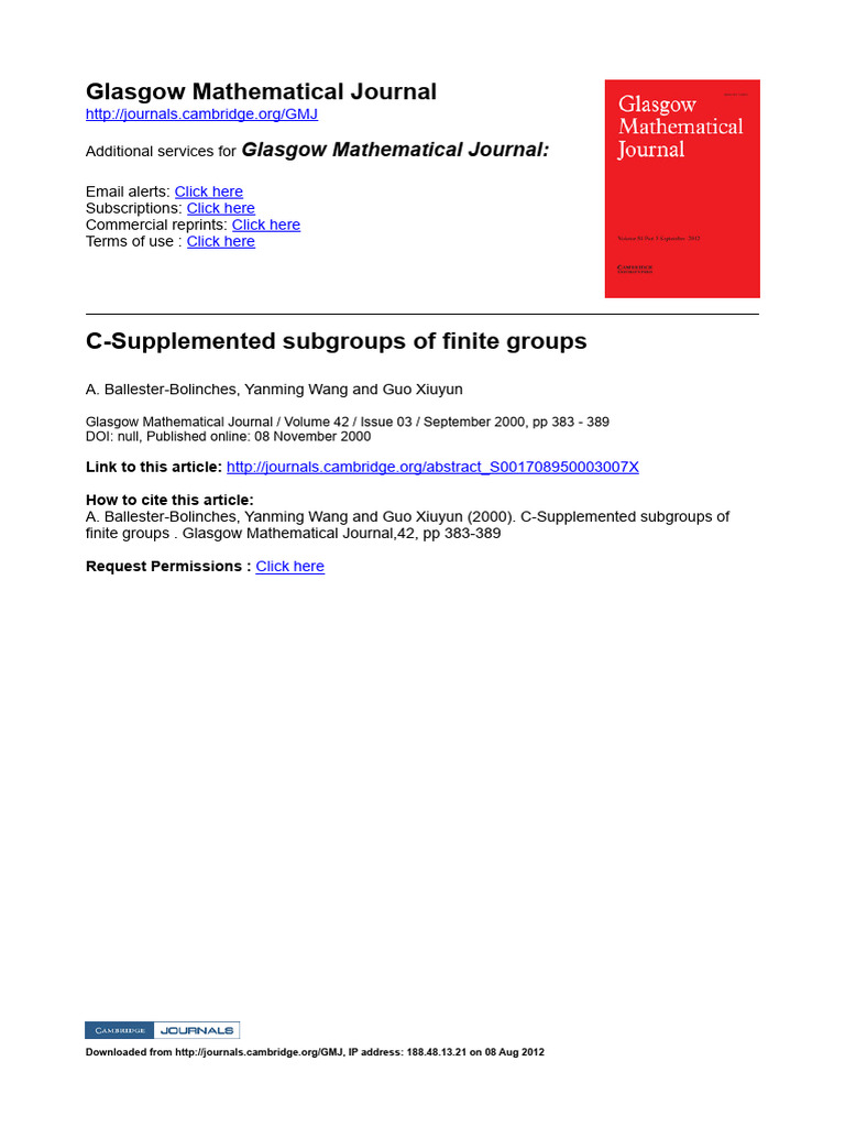 C-Supplemented Subgroups of Finite Groups, A. BallesterBolinches, Yanming Wang and Guo Xiuyun ...