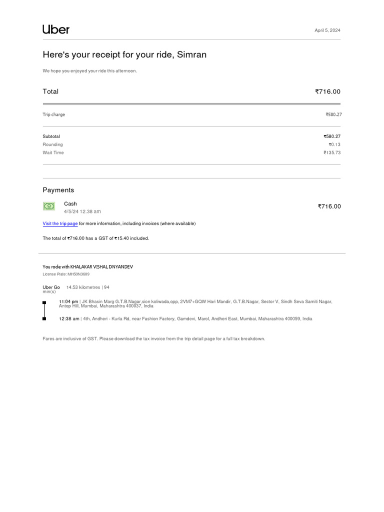 Simranjeet's Uber Receipt | PDF | Business Documents | Taxes