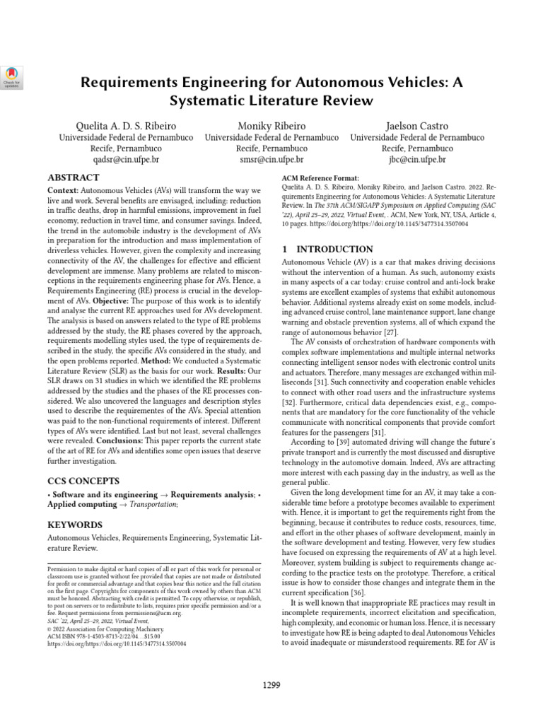 Requirements Engineering For Autonomous Vehicles: A Systematic ...