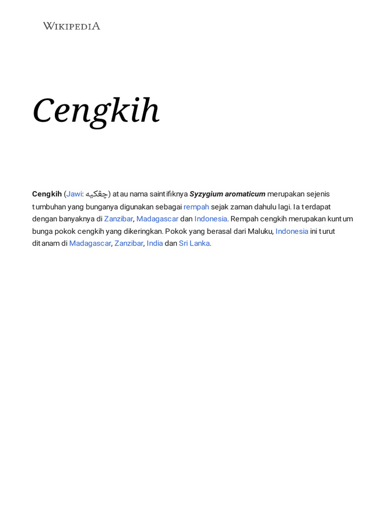 Cengkih - Wikipedia Bahasa Melayu, Ensiklopedia Bebas | PDF