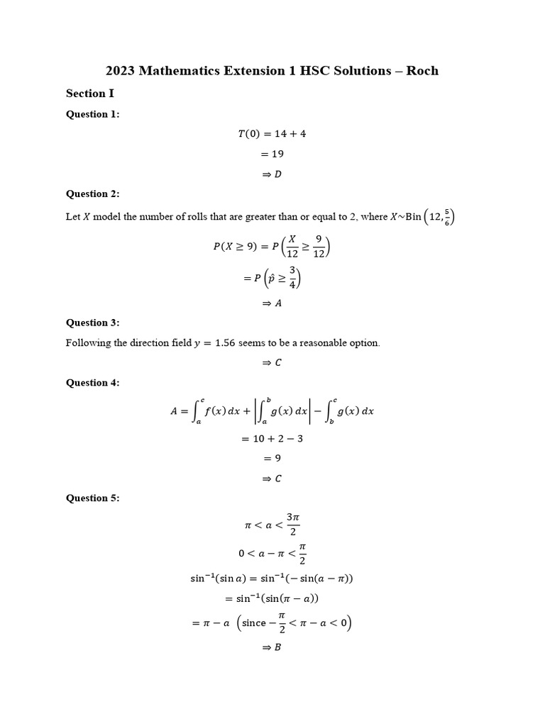 2023 Mathematics Extension 1 HSC Solutions ROCH | PDF | Inequality ... 2023 Mathematics Extension 1 HSC Solutions ROCH | PDF | Inequality ...