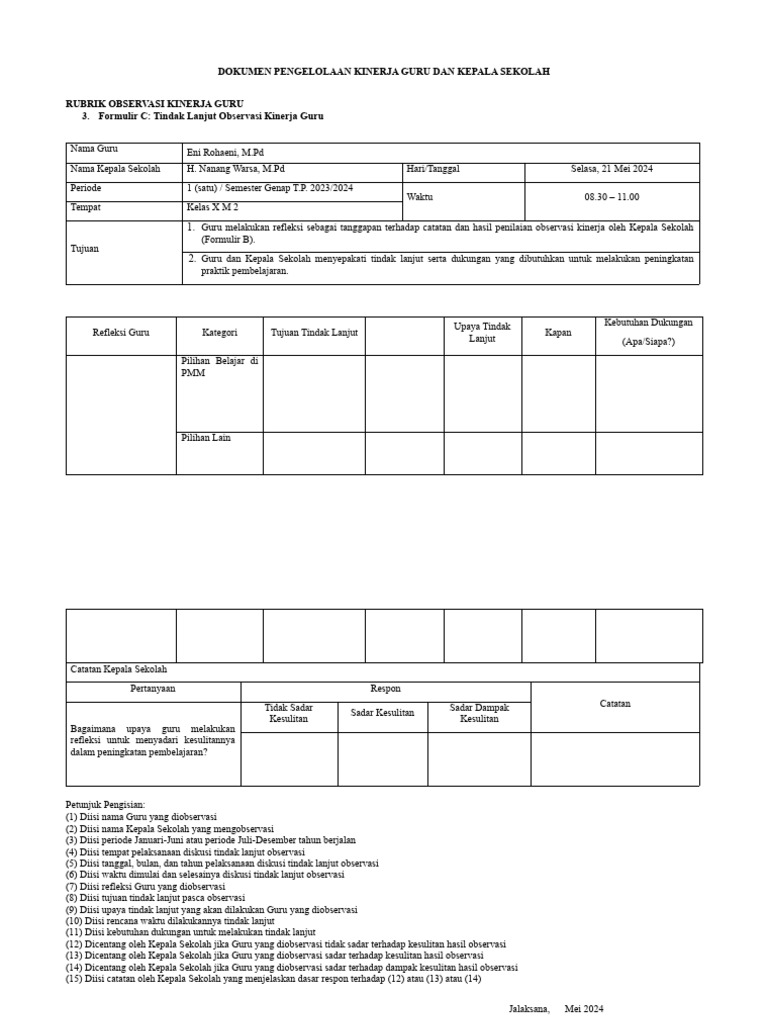 Bu Eni-Rubrik Tindak Lanjut Observasi Kinerja Guru (Form C) | PDF