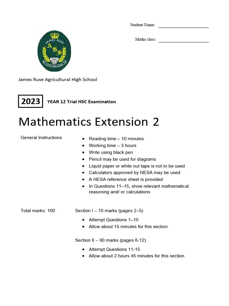 Year 12 Maths Ext 2 Trial Exam | PDF | Velocity | Acceleration