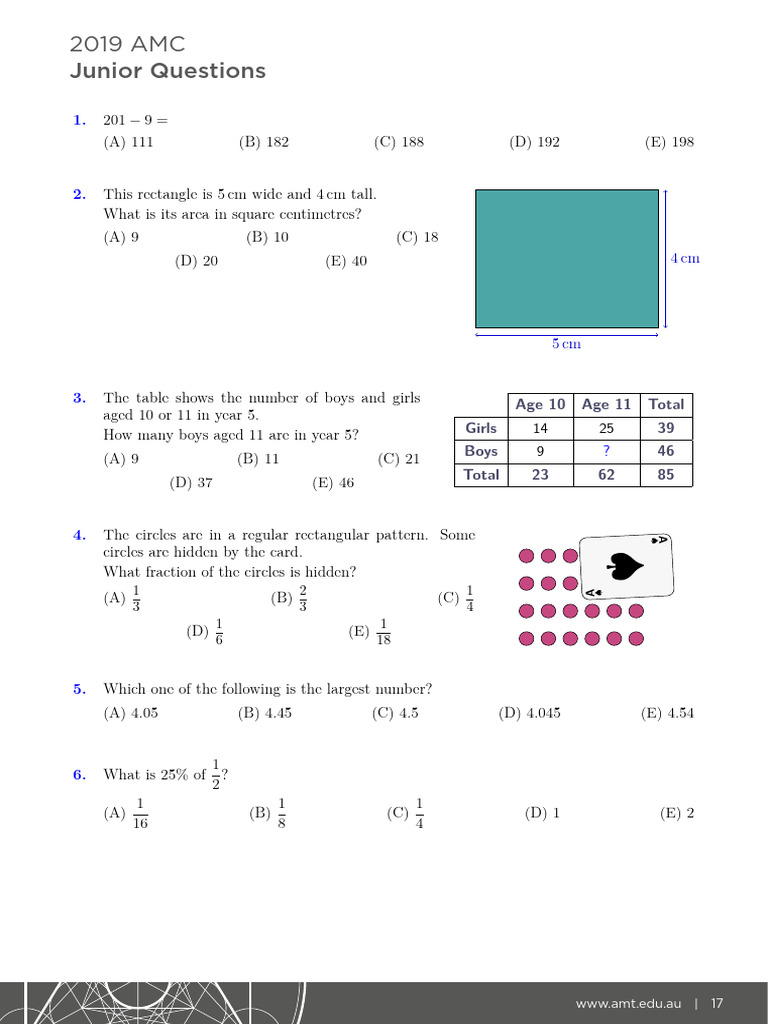 AMC (Year 7-8) 2019 Past Paper | PDF | Elementary Mathematics | Arithmetic