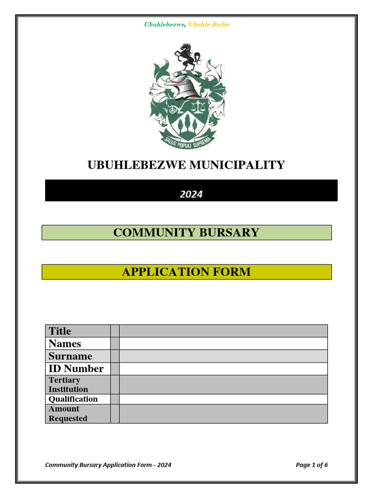 Ubuhlebezwe Municipality Bursary Application Form 2024 | PDF | Identity ...
