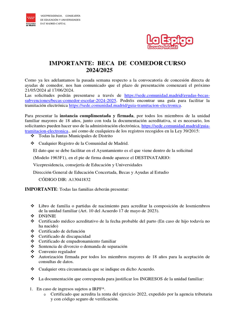 Informacion Presentacion Beca Comedor | PDF | Documento de identidad