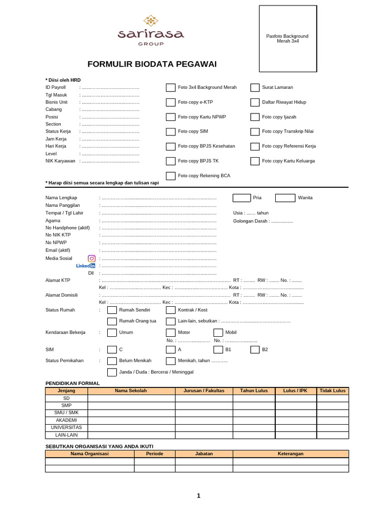 Form Data Diri Sarirasa Group-2024 | PDF