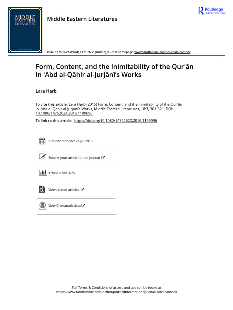 Form Content and The Inimitability of The Qur N in Abd Al-Q Hir Al-Jurj ...