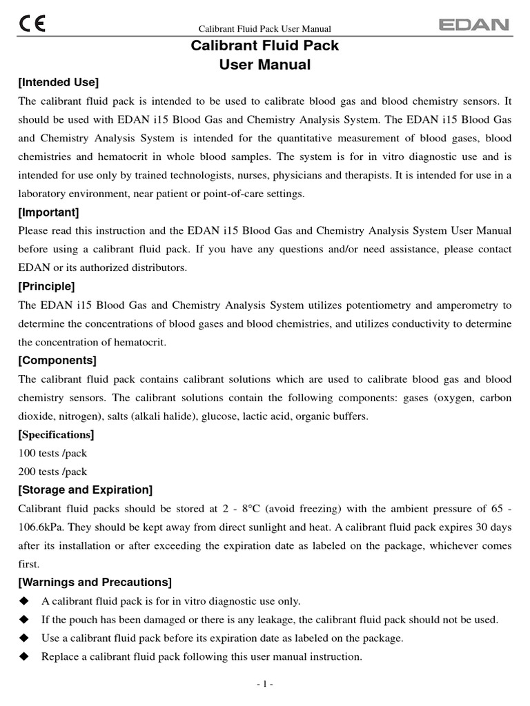 01.54.455875-1.2 Calibrant Fluid Pack User Manual | PDF | Blood | Gases