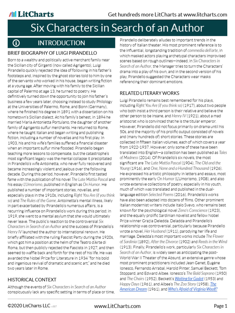 Six Characters in Search of An Author LitChart | PDF