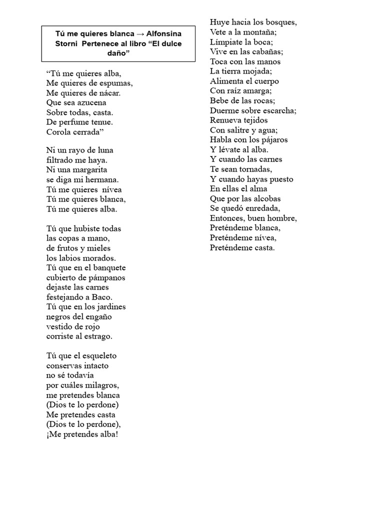 Tú Me Quieres Blanca Alfonsina Storni Pertenece Al Libro "El Dulce Daño ...