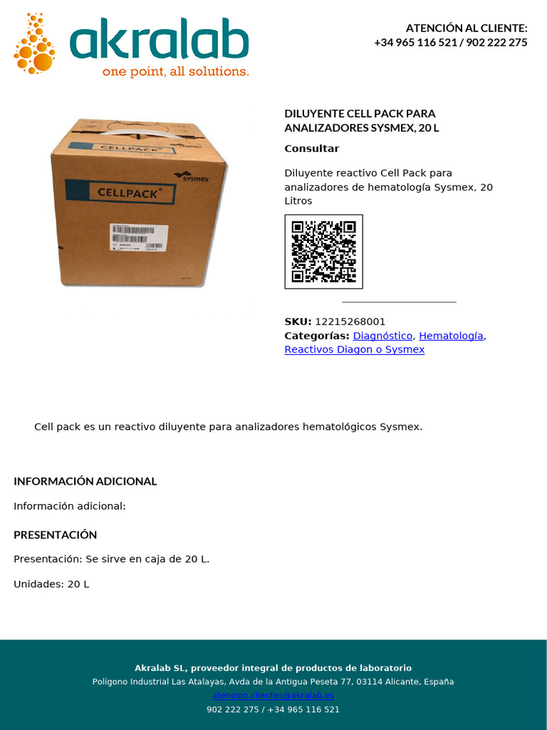 Diluyente Cell Pack para Analizadores Sysmex 20 L | PDF