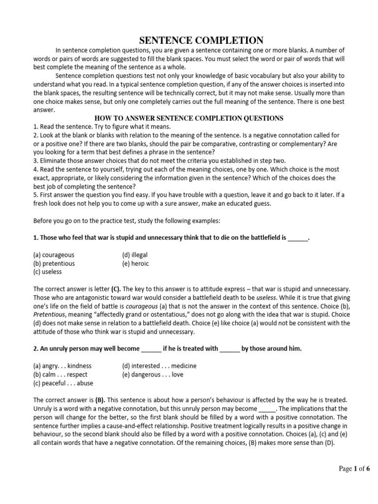 Sentence Completion Strategies and Examples | PDF | Sentence ...