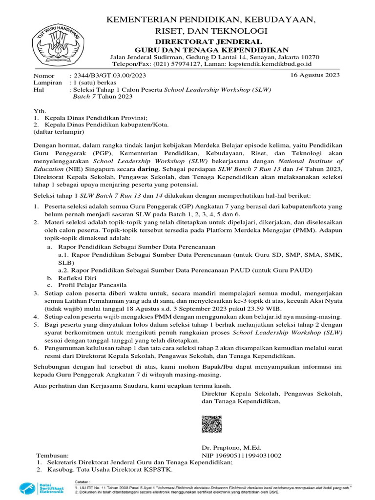 Surat Seleksi Tahap 1 SLW Batch 7 | PDF