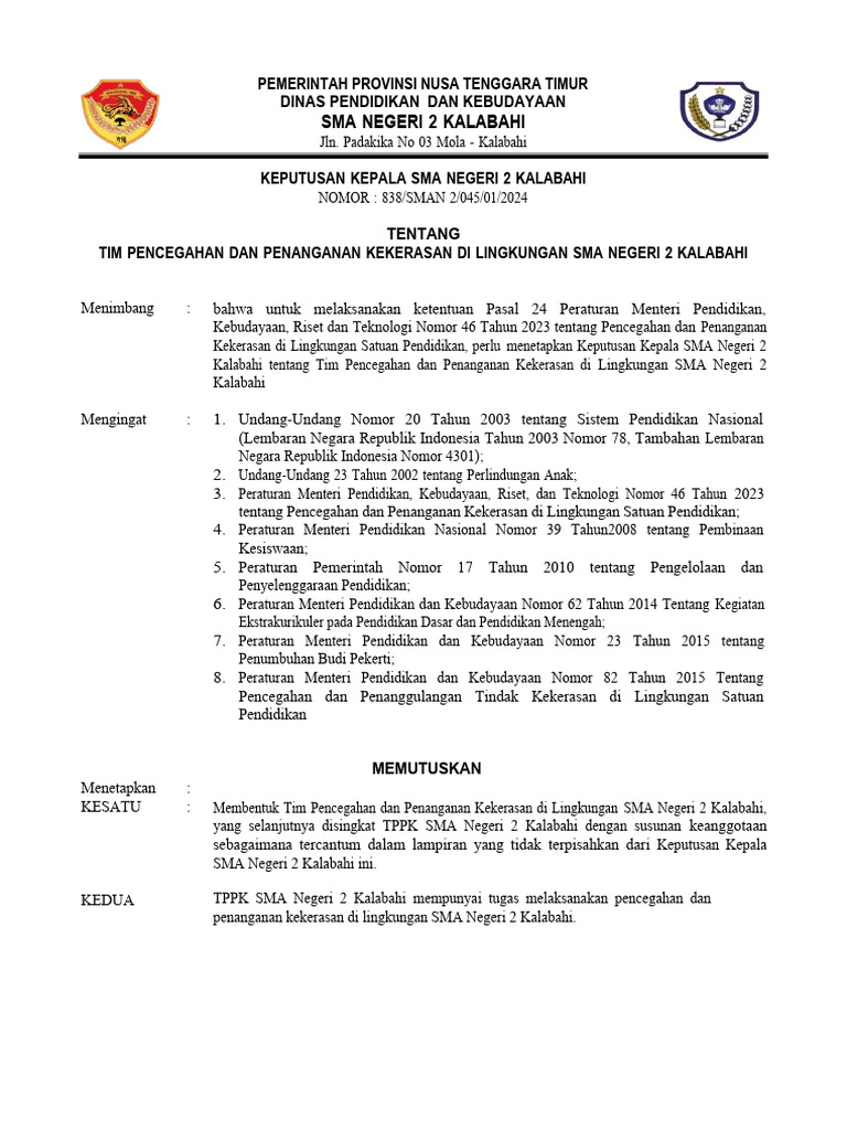 SK Kepala Sekolah Pembentukan TPPK | PDF