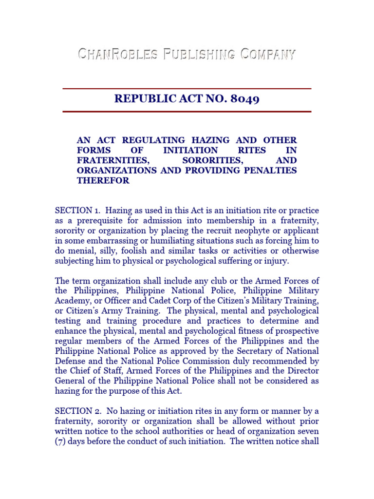 Republic Act No. 8049. Anti-Hazing Law | PDF | Fraternities And ...