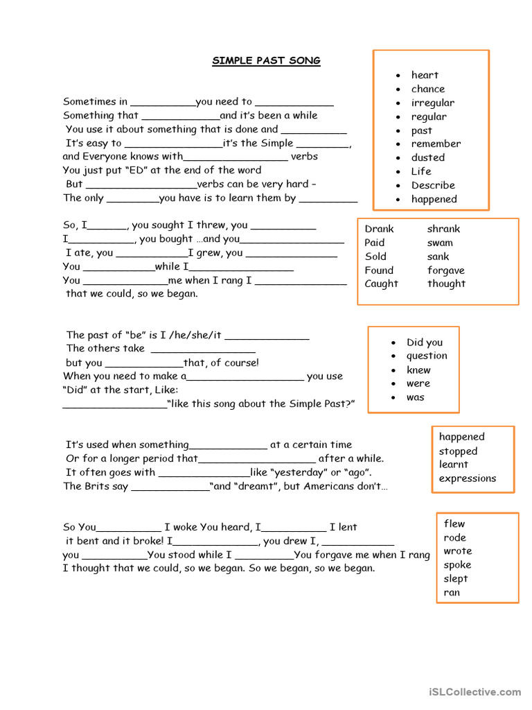 Simple Past Tense Song Lyrics | PDF | Linguistics | Grammar