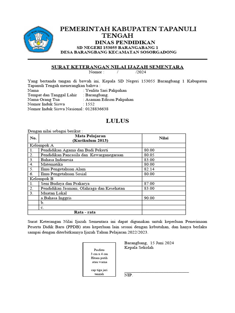 Format SD S.ket Nilai Ijazah Sementara 2024 | PDF
