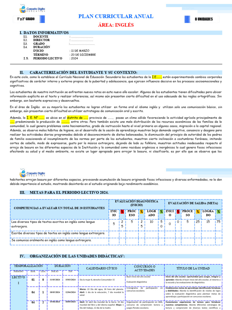 1ro y 2do - Programación Anual - Carpeta Digital | PDF | Aprendizaje | Evaluación
