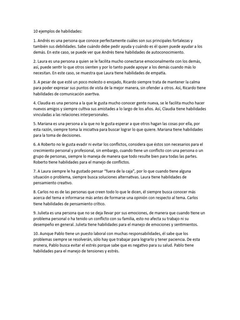 10 EJEMPLOS DE HABILIDADES | Descargar gratis PDF | Las emociones ...