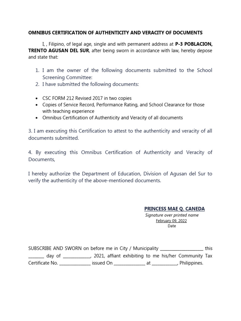 Omnibus Certification of Authenticity and Veracity of Documents | PDF